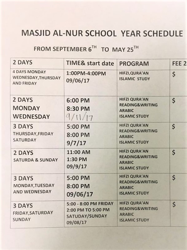 Masjid Al-Nur - School Schedule From Sep 6th 2017 to May 25th 2018